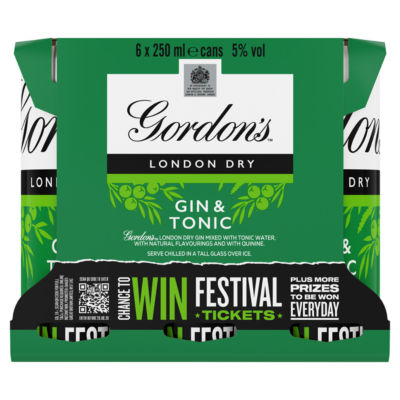 Gordon's London Dry Gin & Tonic Ready To Drink 5% vol 6x250ml Cans ...