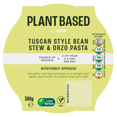 ASDA Plant Based Plant Based Tuscan Style Bean Stew & Orzo Pasta 300g ...