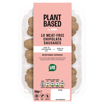 Plant Based by ASDA Plant Based by 10 Meat-Free Chipolata Sausages 300g ...