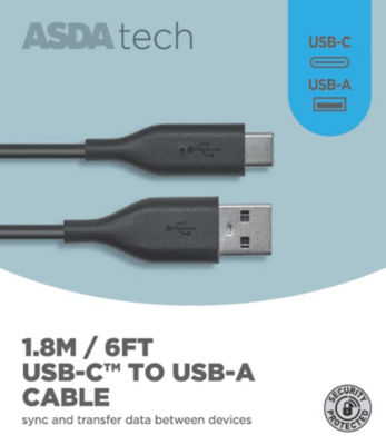 ASDA Tech Type C Cable - Black 1.8m - ASDA Groceries