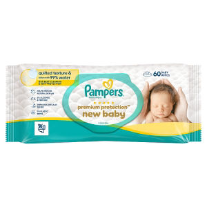 Pampers Premium Protection New Baby Wipes Plastic Free, 60 Baby Wet ...